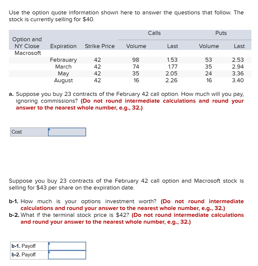Solved Use the option quote information shown here to answer | Chegg.com