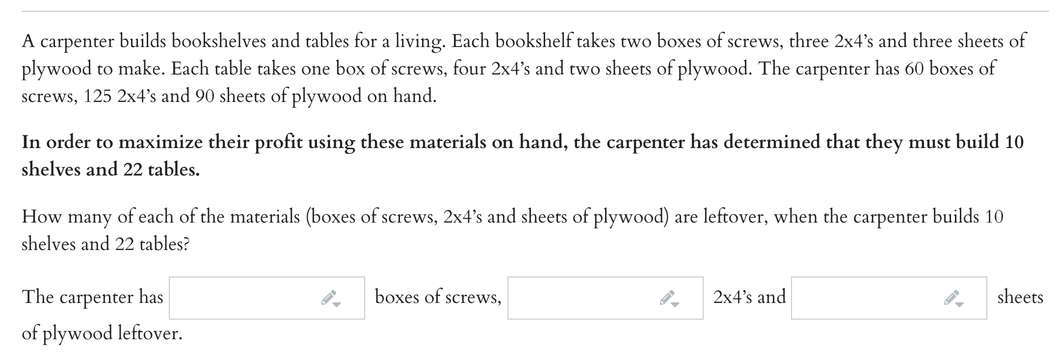 Solved A carpenter builds bookshelves and tables for a | Chegg.com