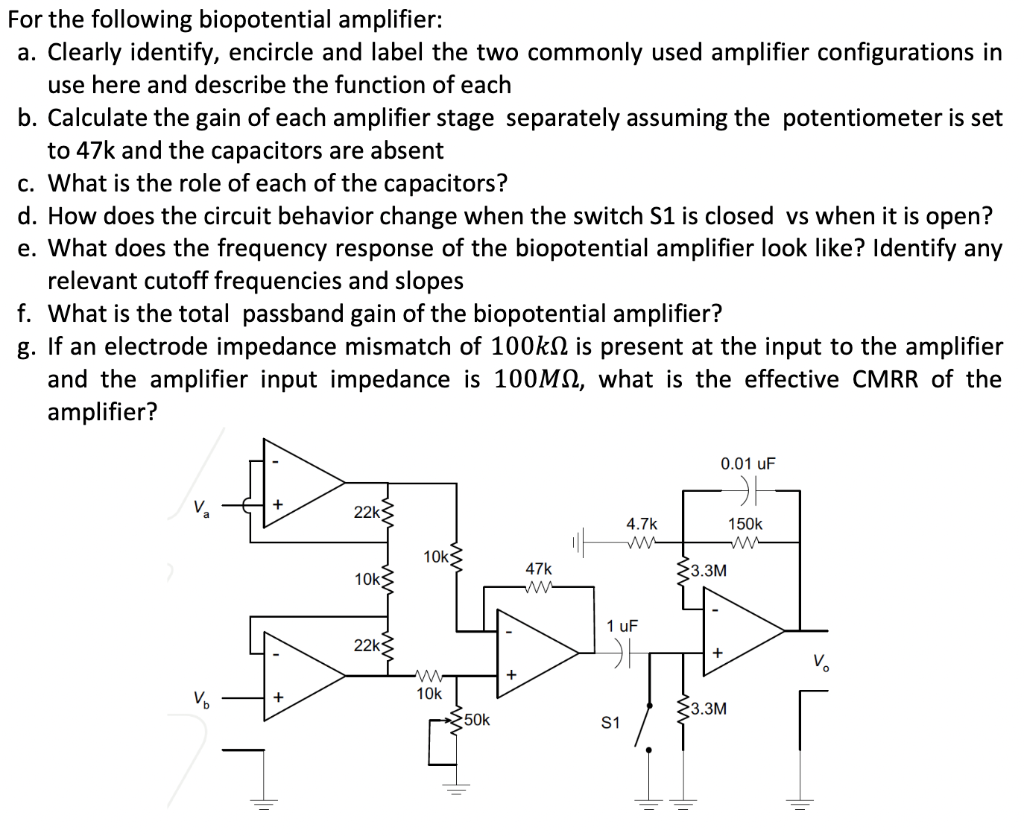 Solved For the following biopotential amplifier: a. Clearly | Chegg.com