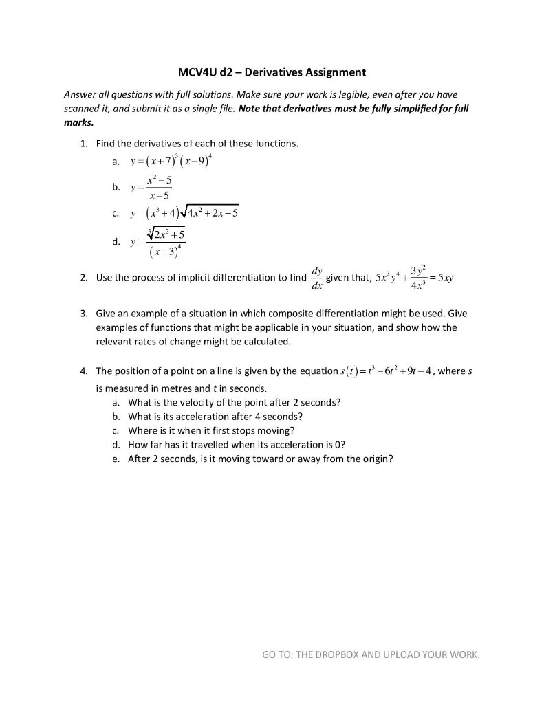 Solved MCV4U d2 - Derivatives Assignment Answer all | Chegg.com