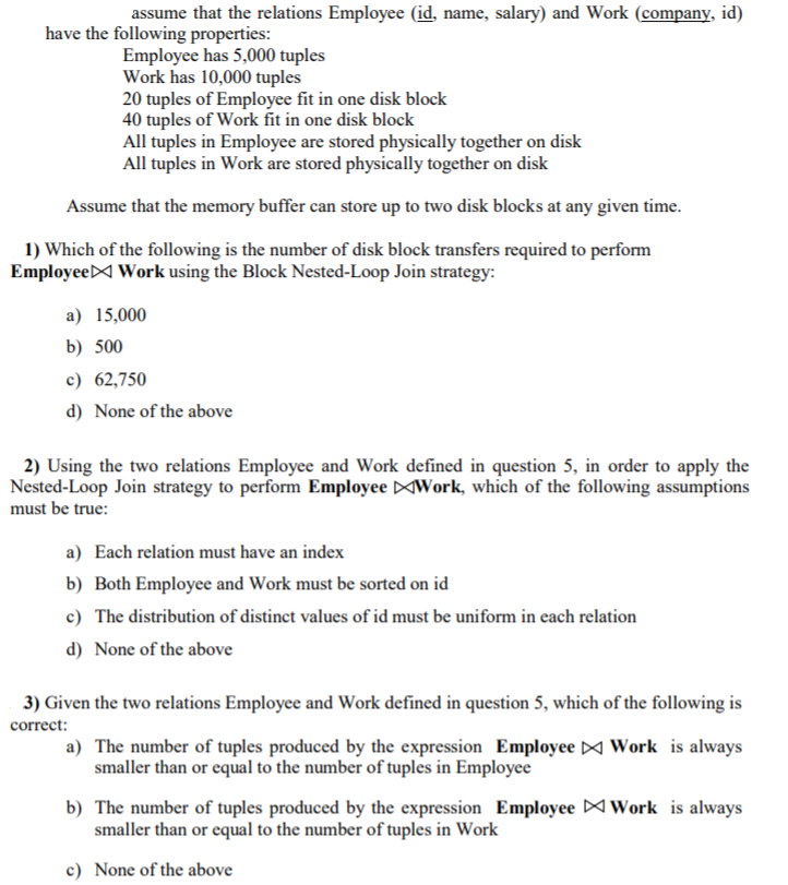 assume that the relations Employee (id, name, salary) | Chegg.com