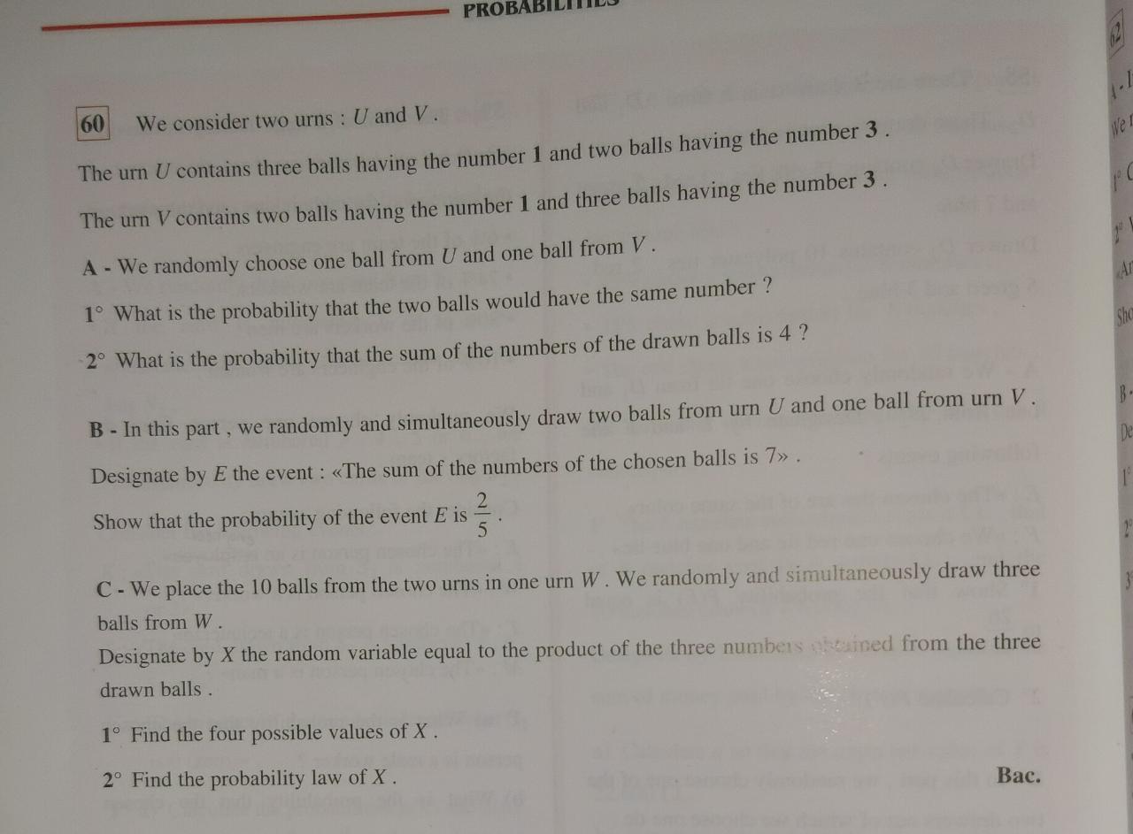 Solved PROBA 60 We consider two urns : U and V. We The urn U | Chegg.com