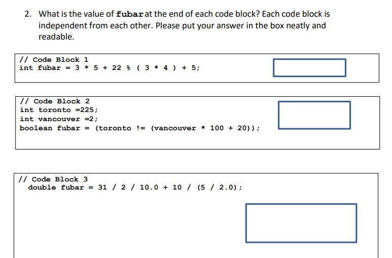 Solved 2. What is the value of fubar at the end of each code | Chegg.com