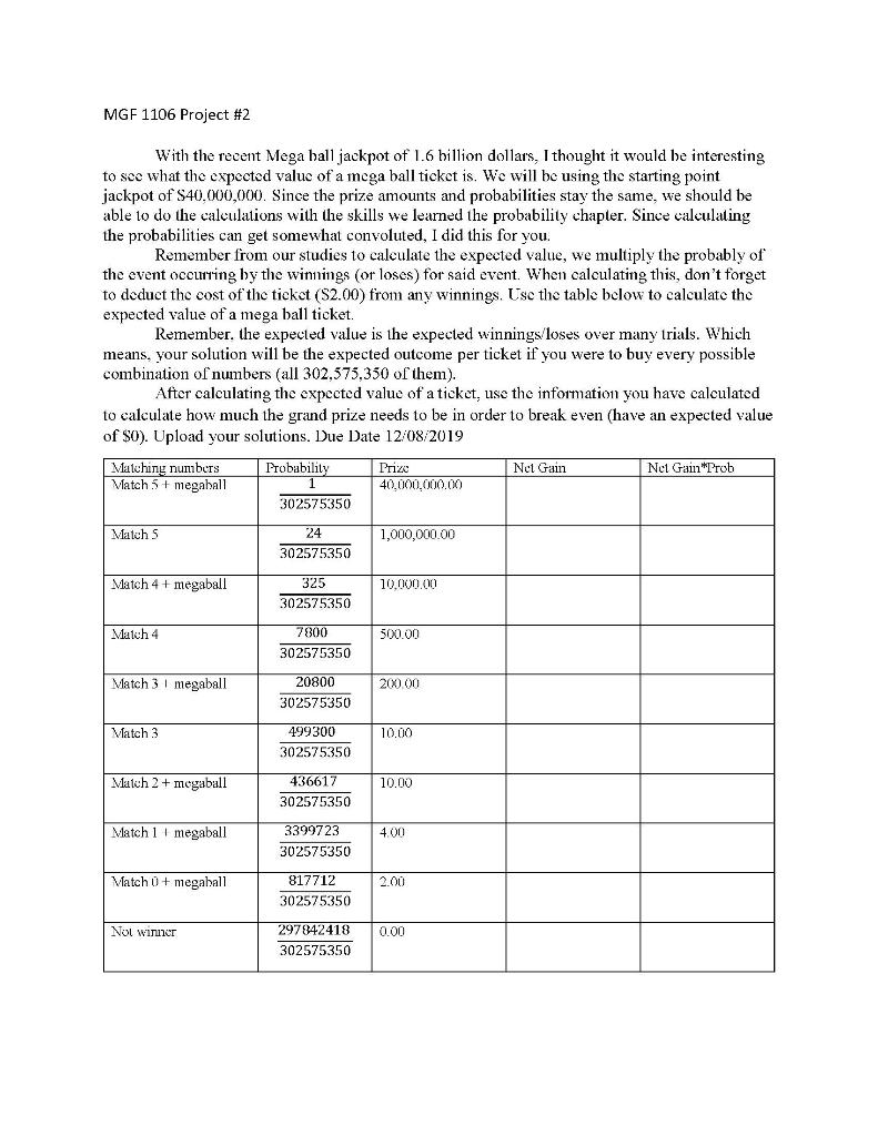 Solved MGF 1106 Project #2 With the recent Mega ball jackpot | Chegg.com