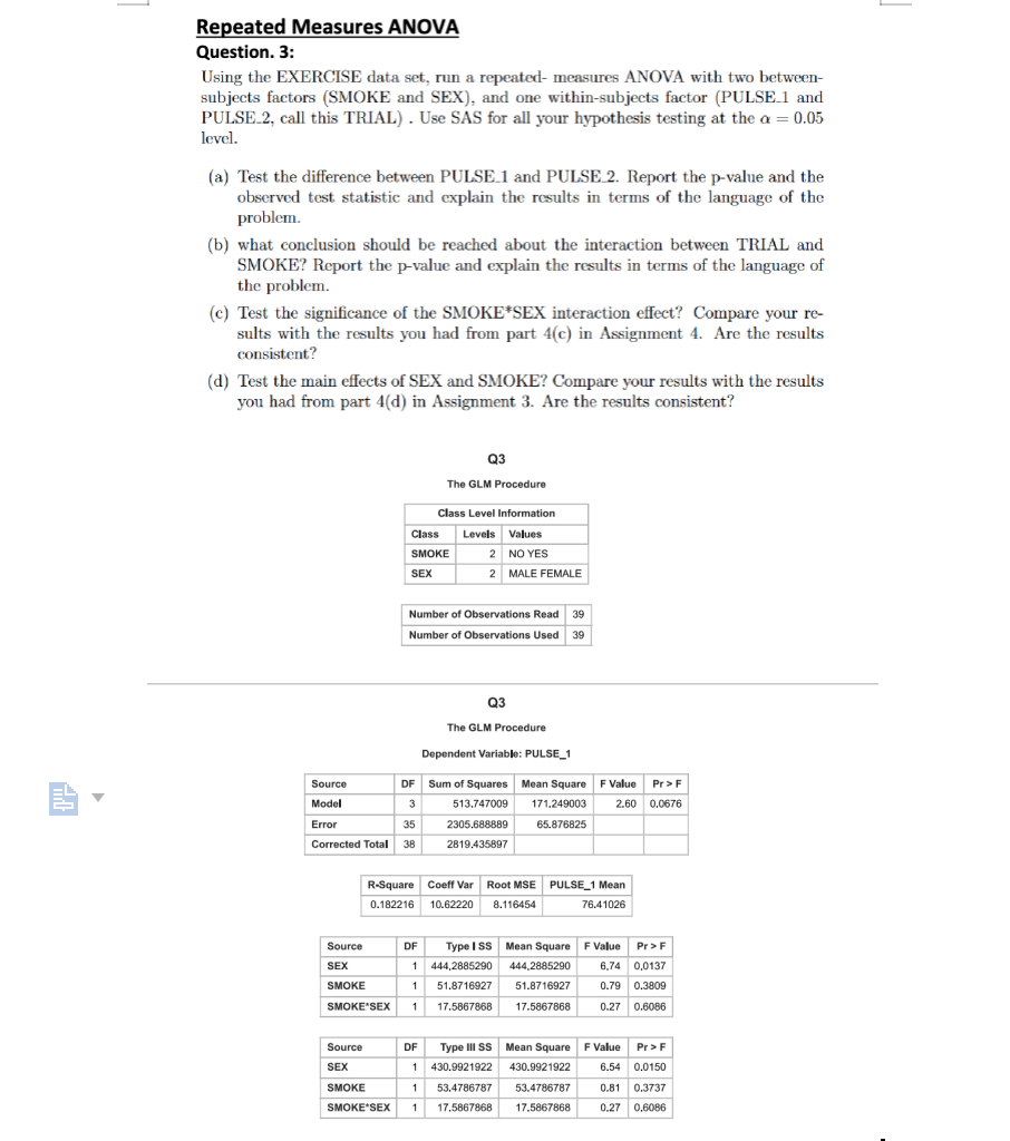 Repeated Measures ANOVA Question. 3: Using the | Chegg.com