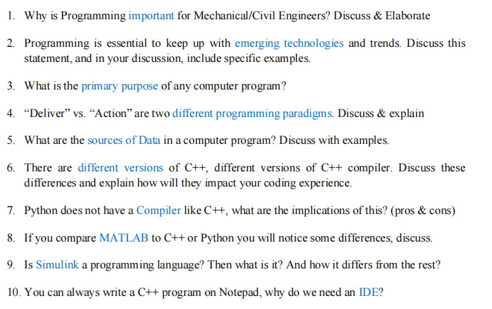 Solved 1. Why is Programming important for Mechanical/Civil | Chegg.com