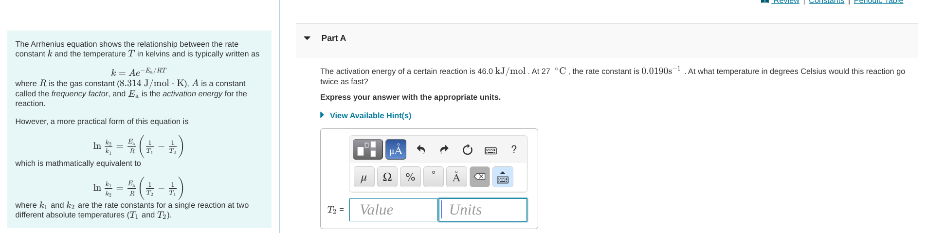 Solved Constants Penuit Idule Part A The Arrhenius equation | Chegg.com