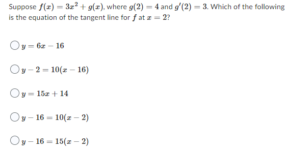 Solved Suppose f(x)=3x2+g(x), where g(2)=4 and g′(2)=3. | Chegg.com