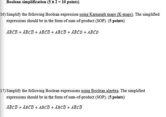 Solved Boolean simplification (5 x 2 = 10 points) 16) | Chegg.com