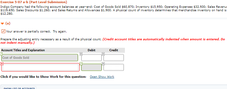 Solved Exercise 5-07 a-b (Part Level Submission) Indigo | Chegg.com