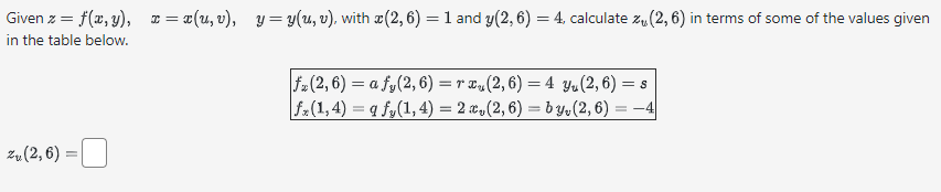 Solved Given z=f(x,y),x=x(u,v),y=y(u,v), with x(2,6)=1 and | Chegg.com