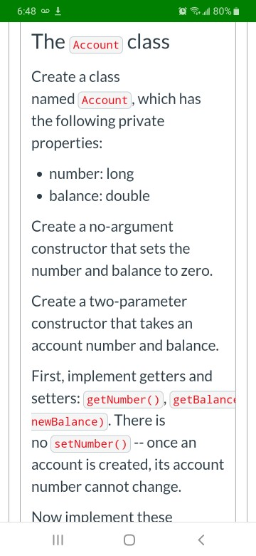 Solved 6:48. @ Sl 80% The Account class Create a class named | Chegg.com