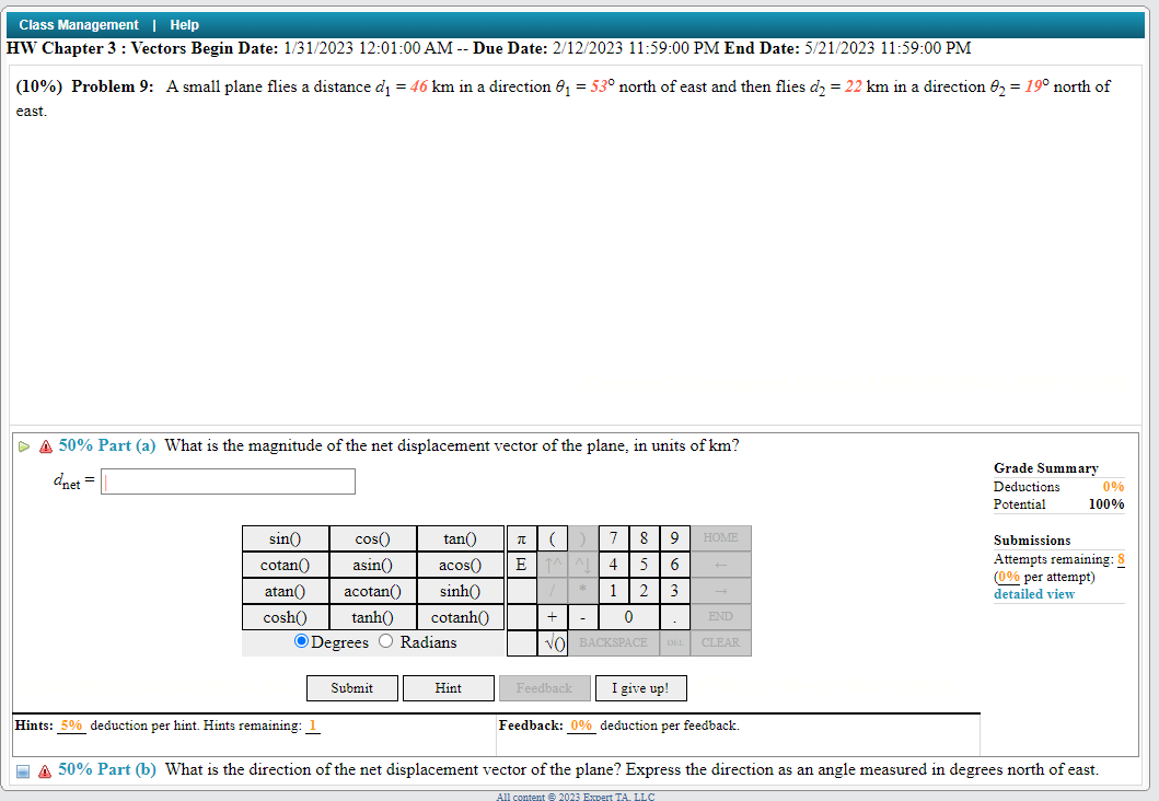 Solved (10\%) Problem 9: A small plane flies a distance | Chegg.com