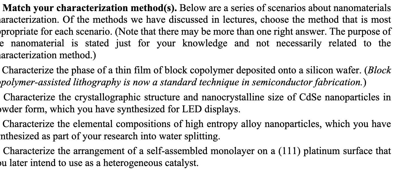 Solved Match your characterization method(s). Below are a | Chegg.com