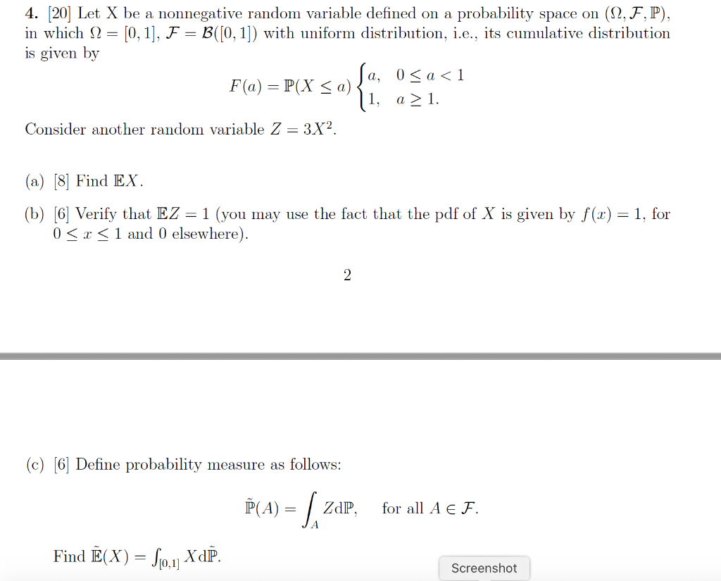 Solved 4. [20] Let X be a nonnegative random variable | Chegg.com