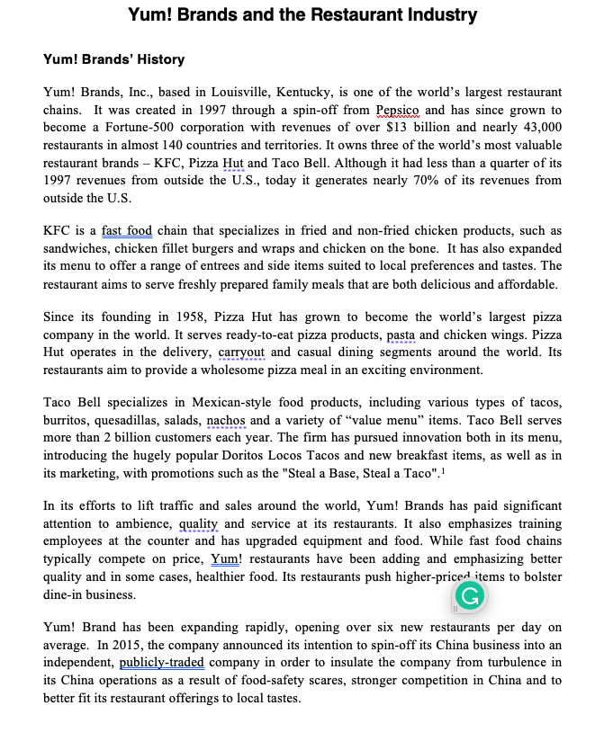 Yum! Brands and the Restaurant Industry Yum! Brands' | Chegg.com