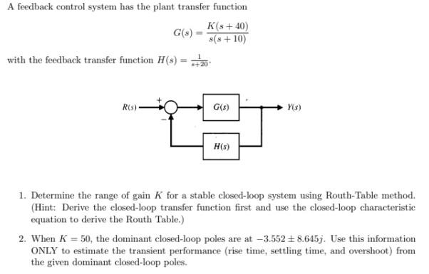 Solved A feedback control system has the plant transfer | Chegg.com