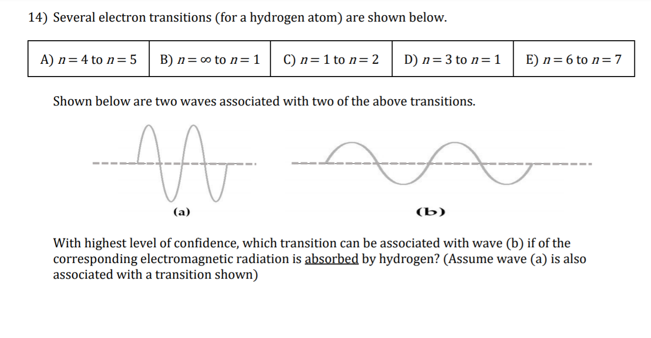Solved 14) Several electron transitions (for a hydrogen | Chegg.com