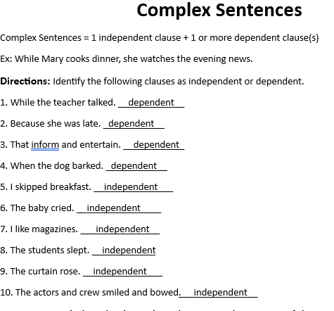 Complex Sentences =1 independent clause +1 or more | Chegg.com
