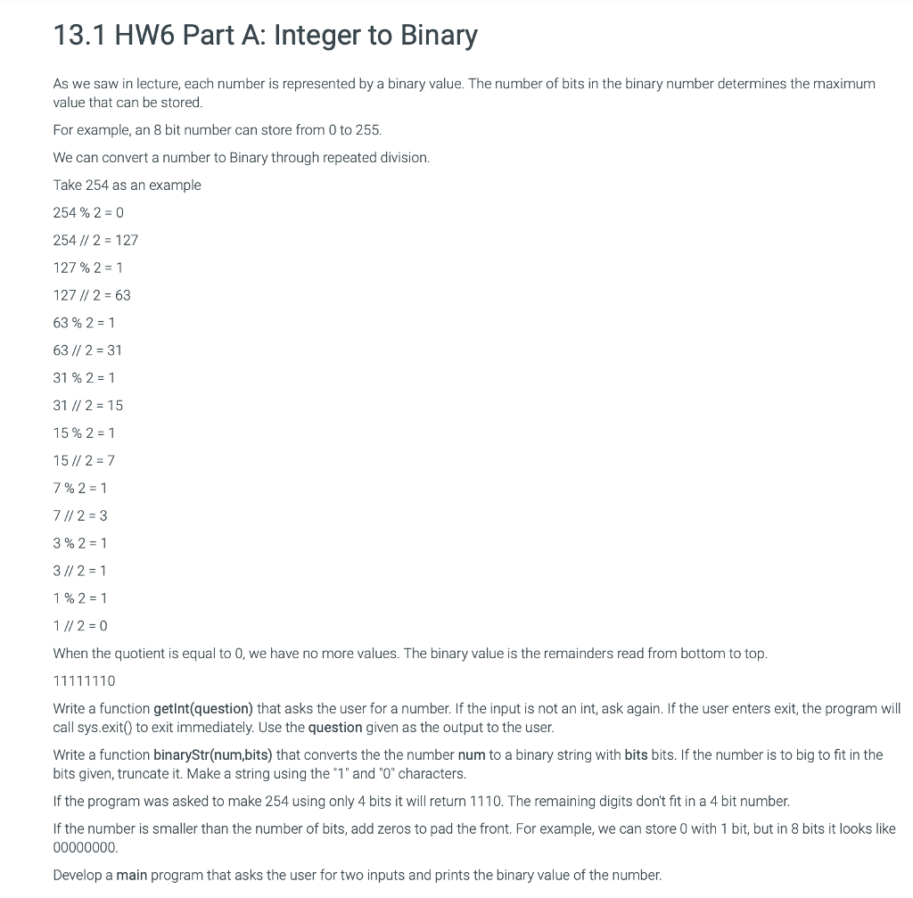 Solved 13.1 HW6 Part A: Integer to Binary As we saw in | Chegg.com