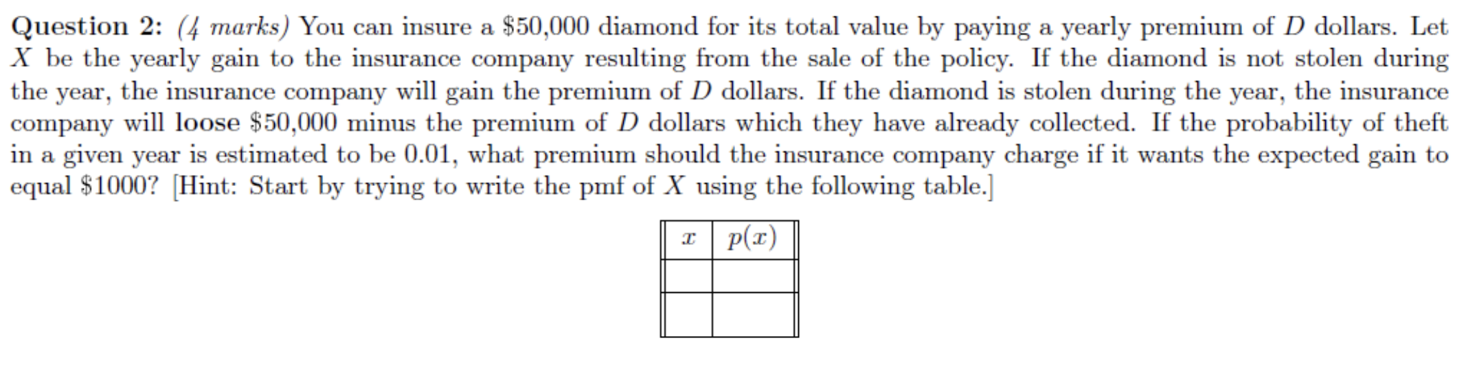 Solved Question 2: (4 marks) You can insure a $50,000 | Chegg.com