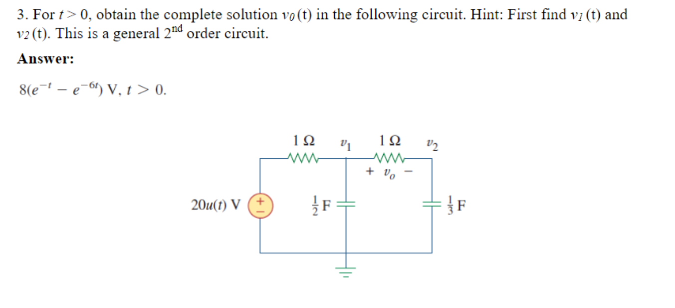 Solved 3. For t>0, obtain the complete solution v0(t) in the | Chegg.com