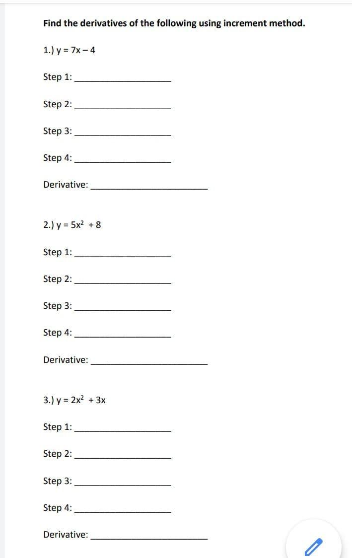 Solved Find the derivatives of the following using increment | Chegg.com