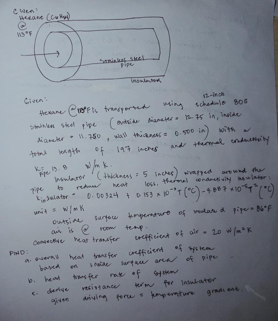 Civen: Hexane (C6H) 113 °F Stainless steel Pipe | Chegg.com
