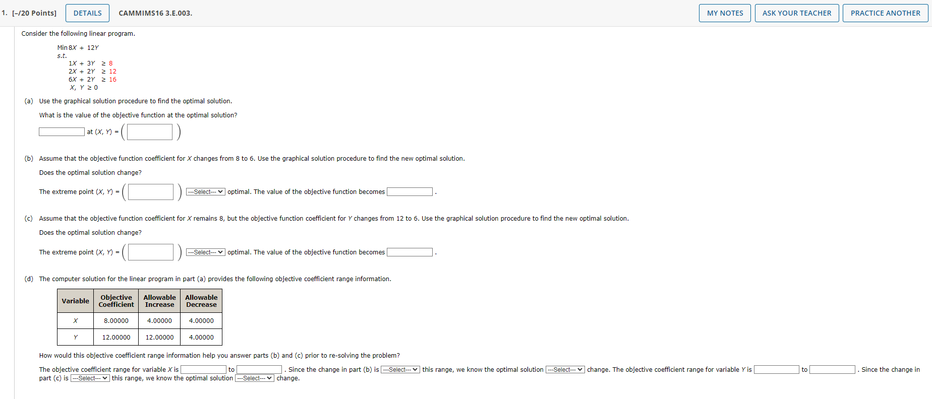 Solved Consider the following linear program.Min8x+12Y ﻿s.t. | Chegg.com