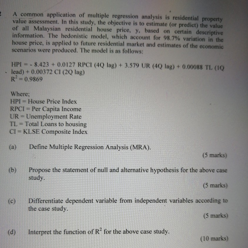 Solved A common application of multiple regression analysis | Chegg.com