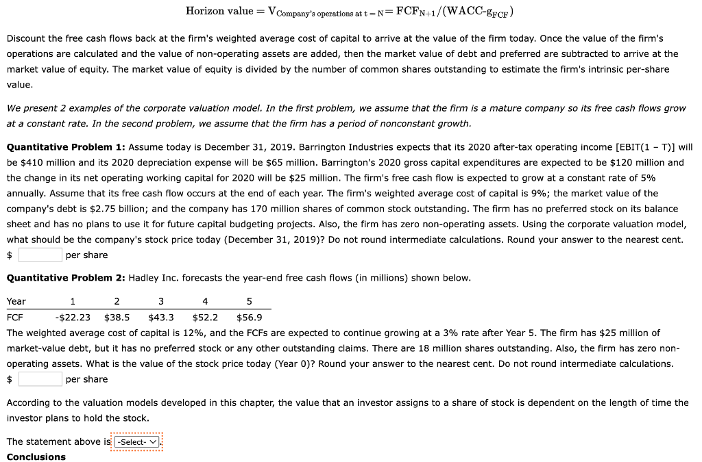 Solved Horizon value =VCompany’s operations at | Chegg.com