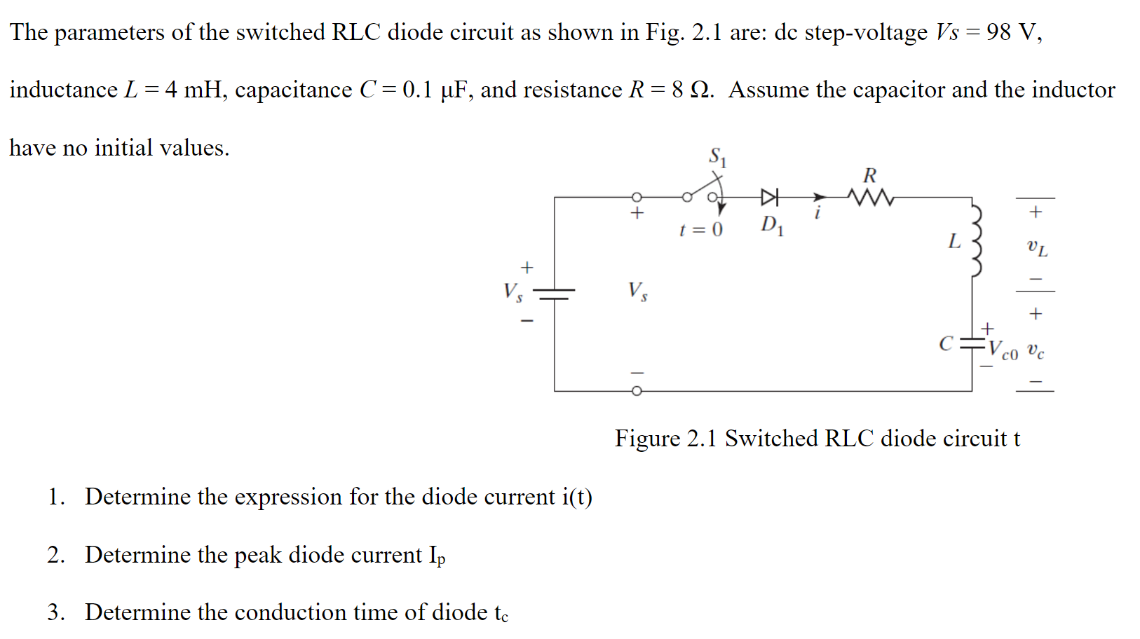 Solved The parameters of the switched RLC diode circuit as | Chegg.com