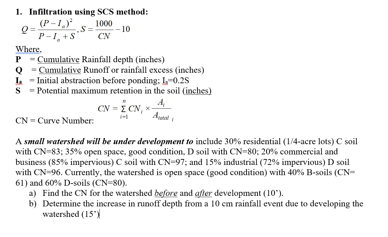 Solved a 1. Infiltration using SCS method: (P-12) 1000 Q S= | Chegg.com