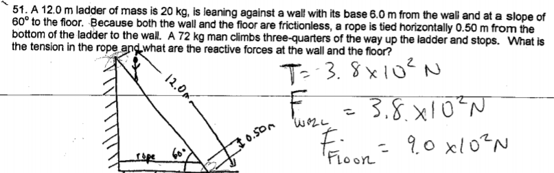 Solved 51. A 12.0 m ladder of mass is 20 kg, is leaning | Chegg.com