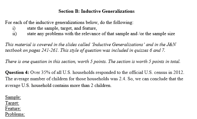 Section B: Inductive Generalizations For each of the | Chegg.com