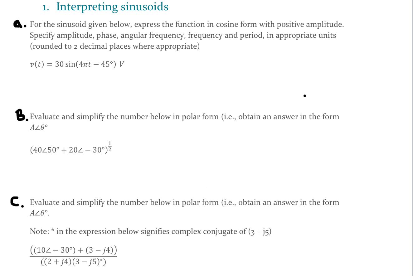 Solved 1. Interpreting sinusoids For the sinusoid given | Chegg.com