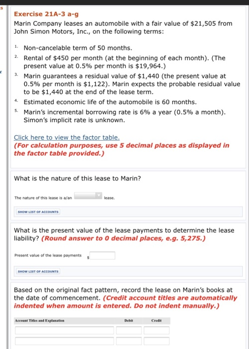 Solved Exercise 21A-3 a-g Marin Company leases an automobile | Chegg.com