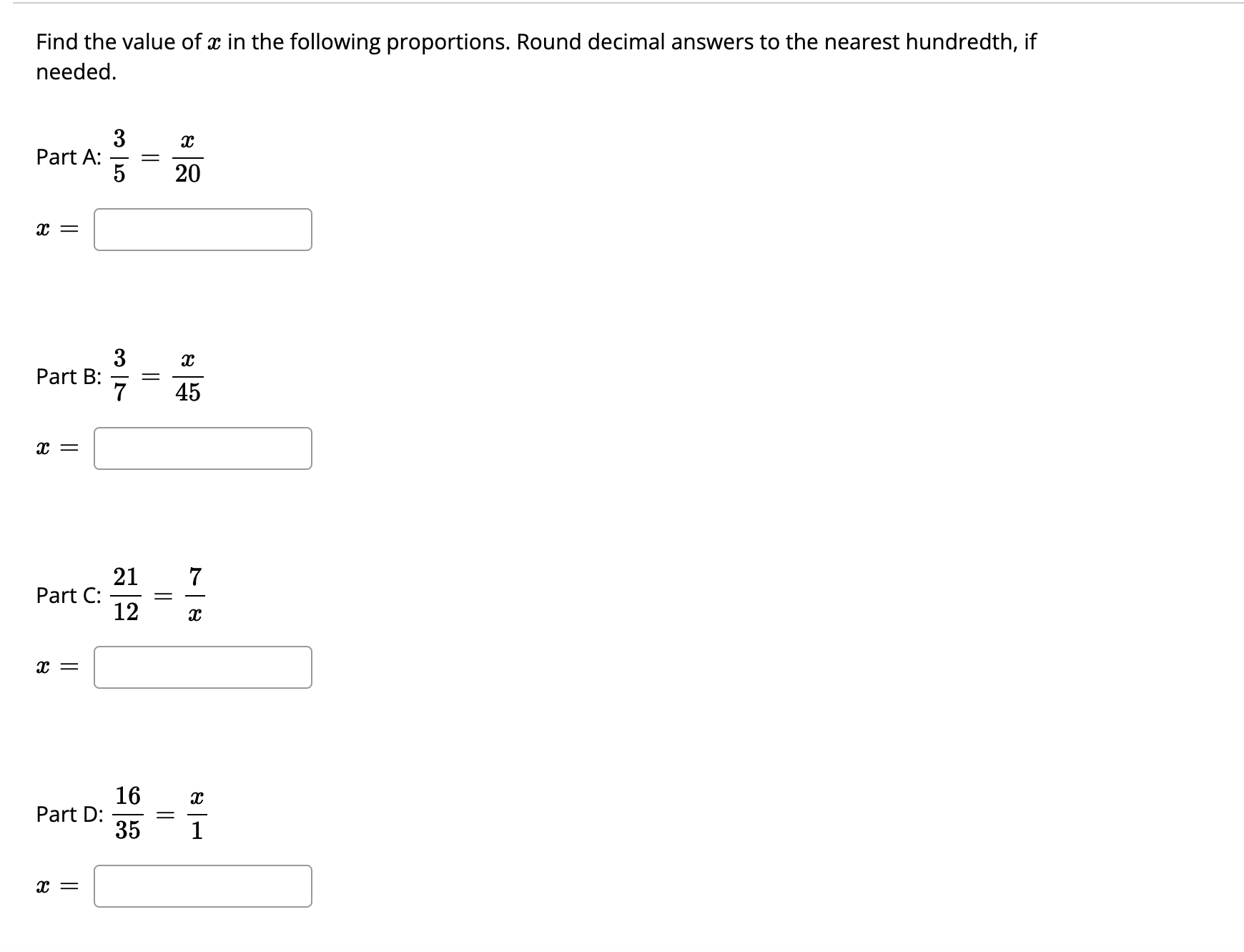 Solved Find the value of x in the following proportions. | Chegg.com