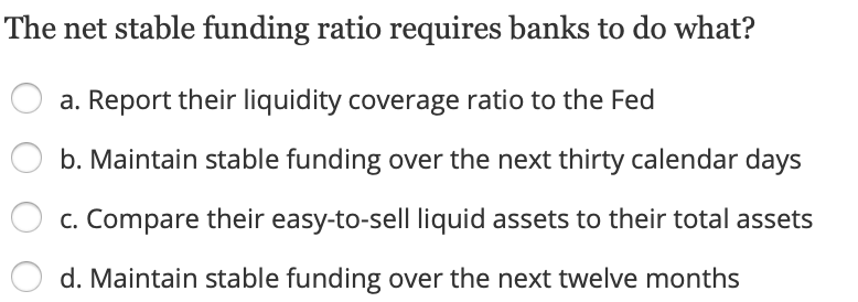 Solved The net stable funding ratio requires banks to do | Chegg.com