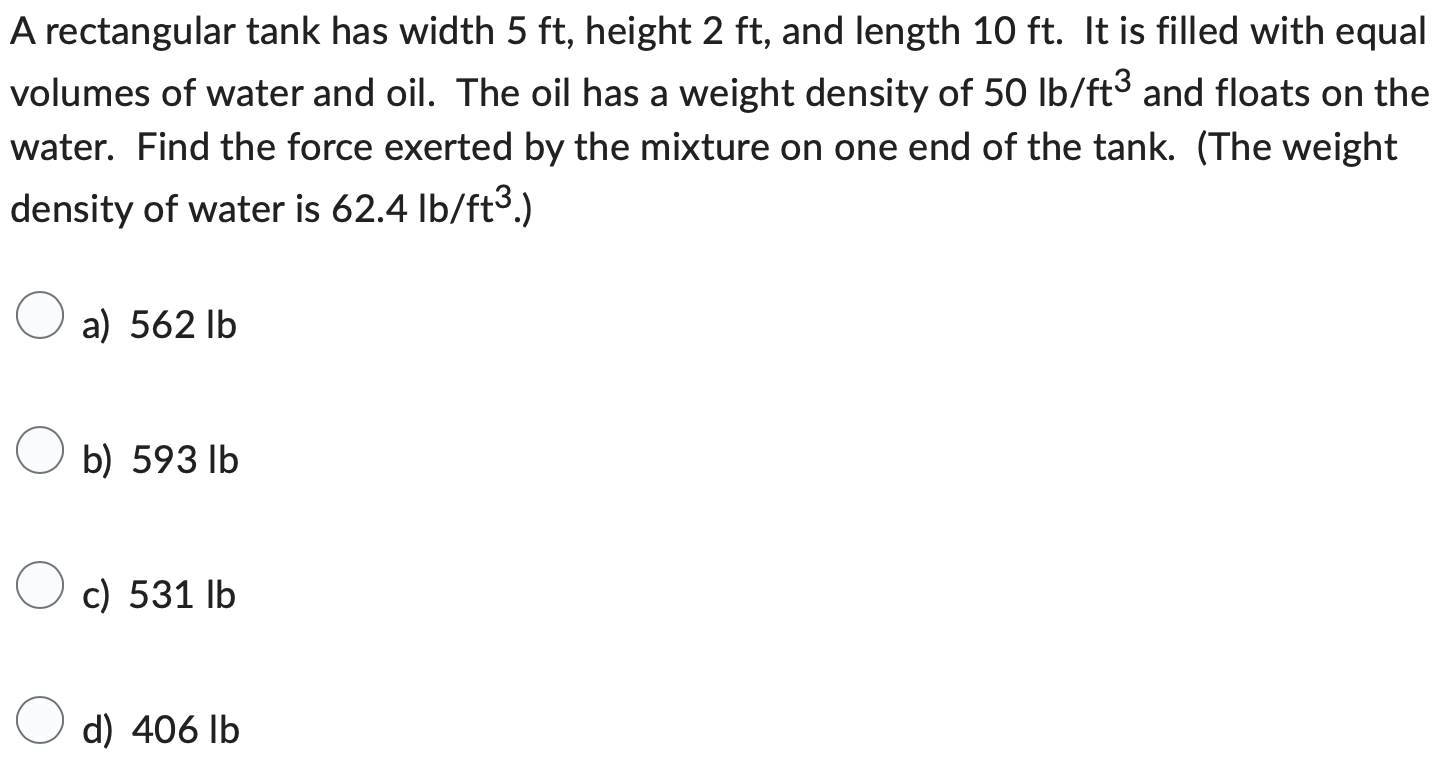 Solved A rectangular tank has width 5ft, height 2ft, and | Chegg.com