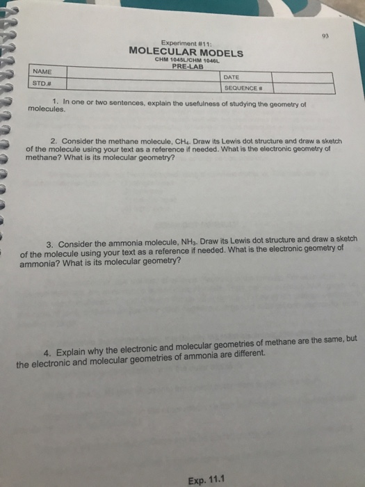 Solved 93 Experiment #11 : MOLECULAR MODELS CHM 1045LICHM | Chegg.com