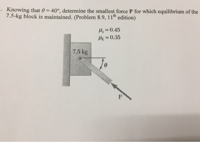 Solved Knowing that θ = 40°, determine the smallest force P | Chegg.com Solved Knowing that θ = 40°, determine the smallest force P | Chegg.com