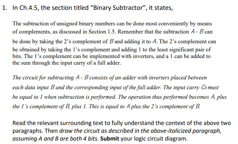 Solved 1. In Ch.4.5, the section titled "Binary Subtractor", | Chegg.com
