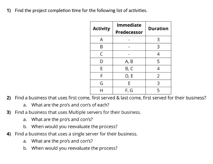 Solved 1) Find the project completion time for the following | Chegg.com