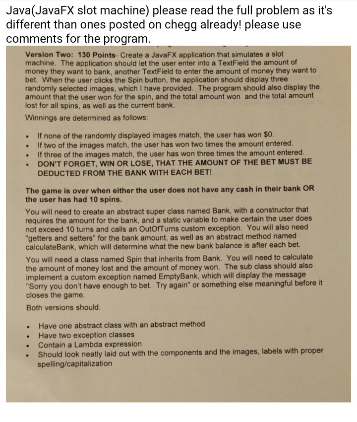 Solved Java(JavaFX slot machine) please read the full | Chegg.com