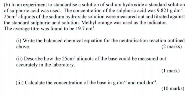 Solved (b) In an experiment to standardise a solution of | Chegg.com