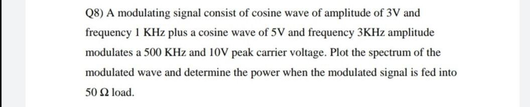 Solved Q8) A modulating signal consist of cosine wave of | Chegg.com