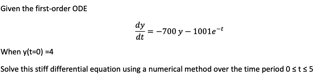Solved Given the first-order ODE dy = -700 y – 1001e-t dt | Chegg.com