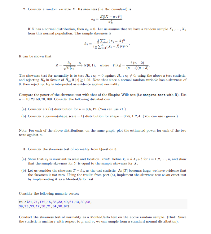 2. Consider a random variable X. Its skewness (i.e. | Chegg.com