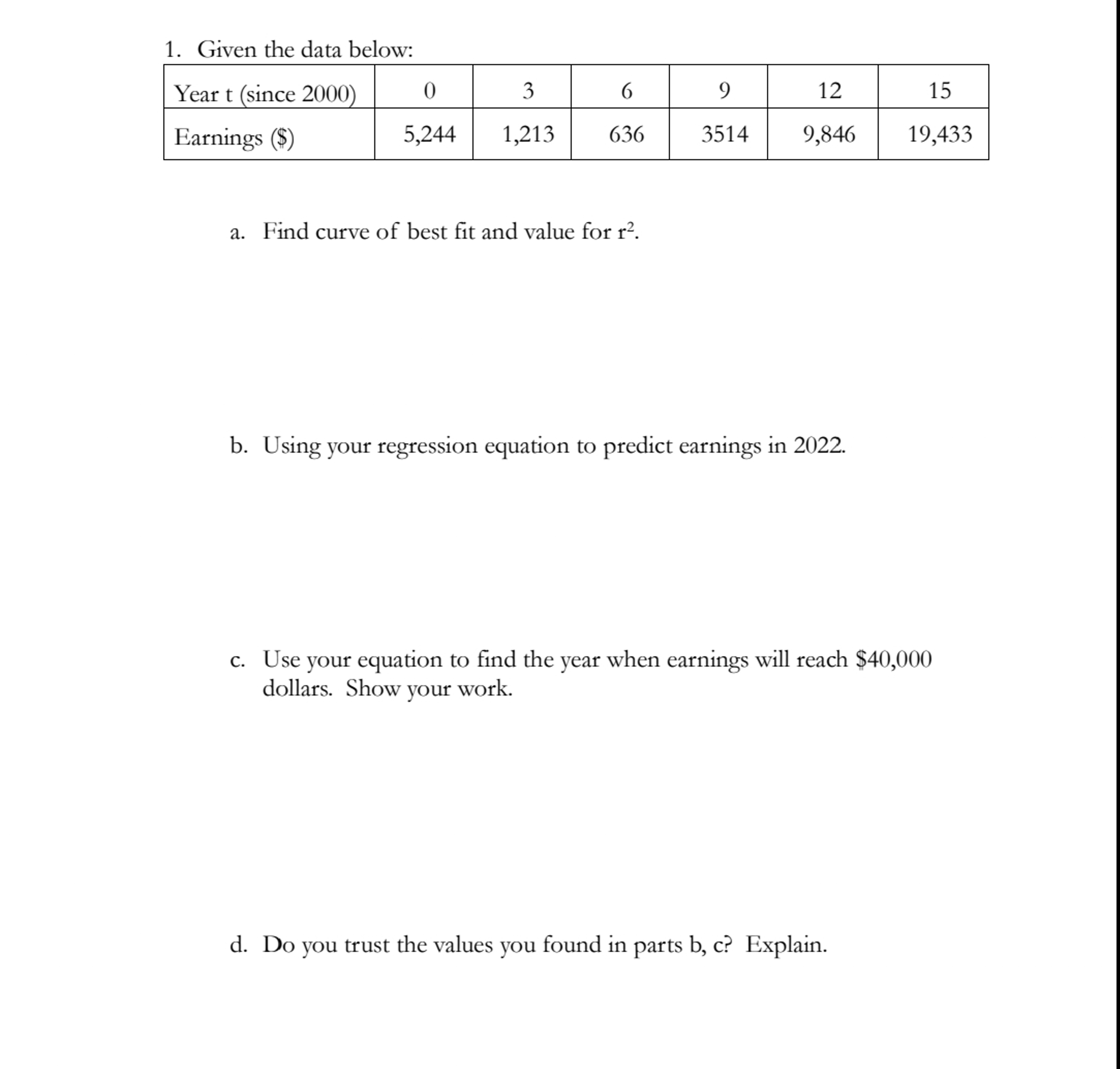 Given the data below:a. ﻿Find curve of best fit and | Chegg.com